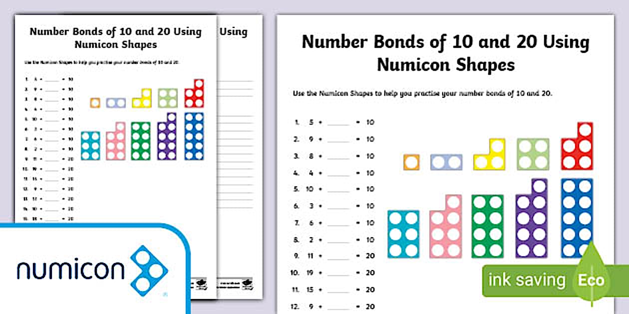 Number Bonds of 10 and 20 Using Numicon Shapes Activity Sheet